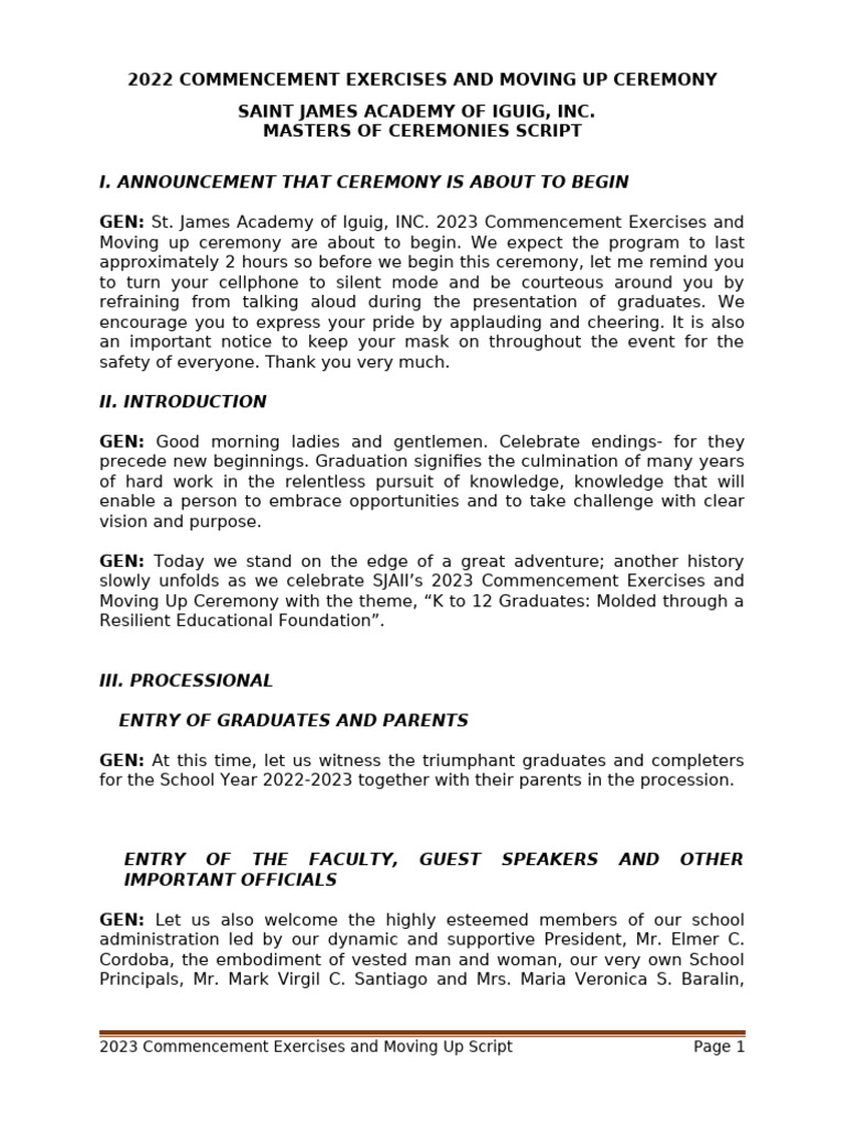 2023 Commencement Exercises and Moving Up Ceremony Script | PDF