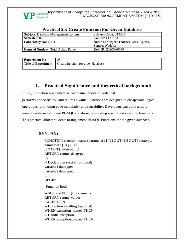 PL/SQL Function Implementation Guide | PDF | Pl/Sql | Sql
