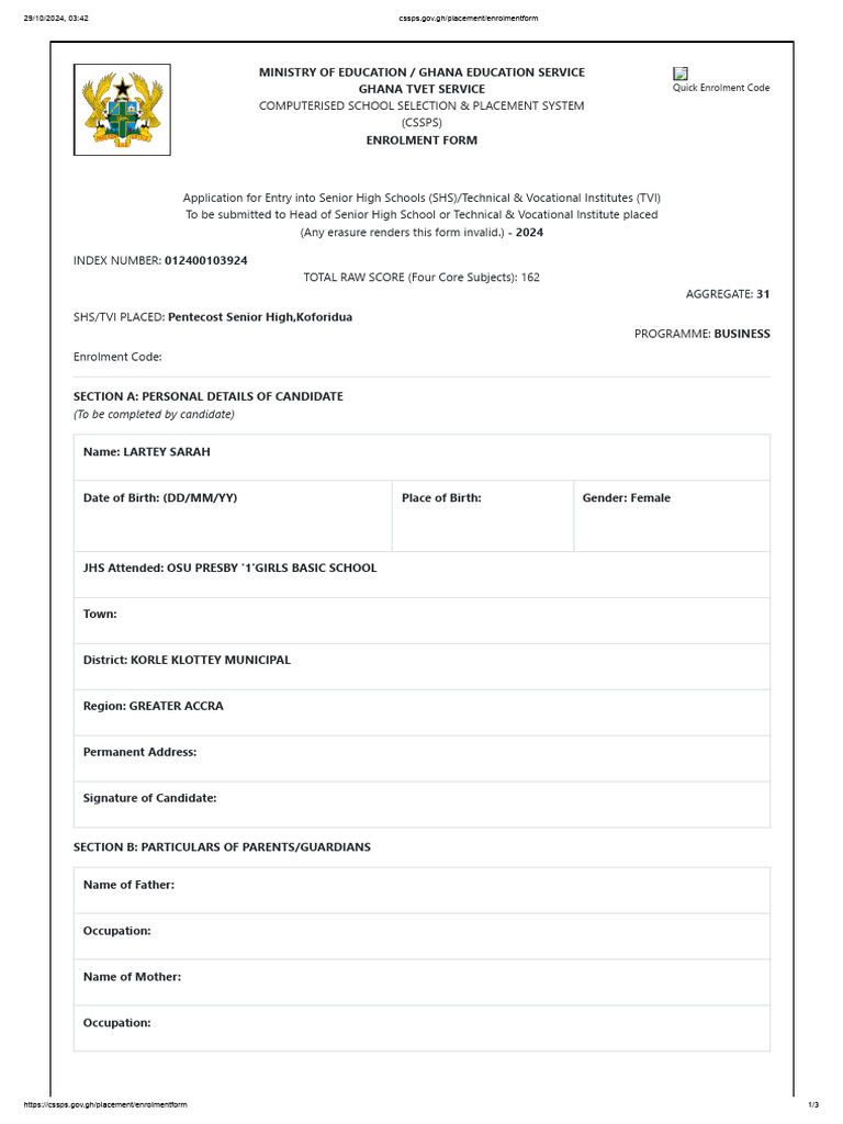 Cssps - Gov.gh Placement Enrolmentform | PDF