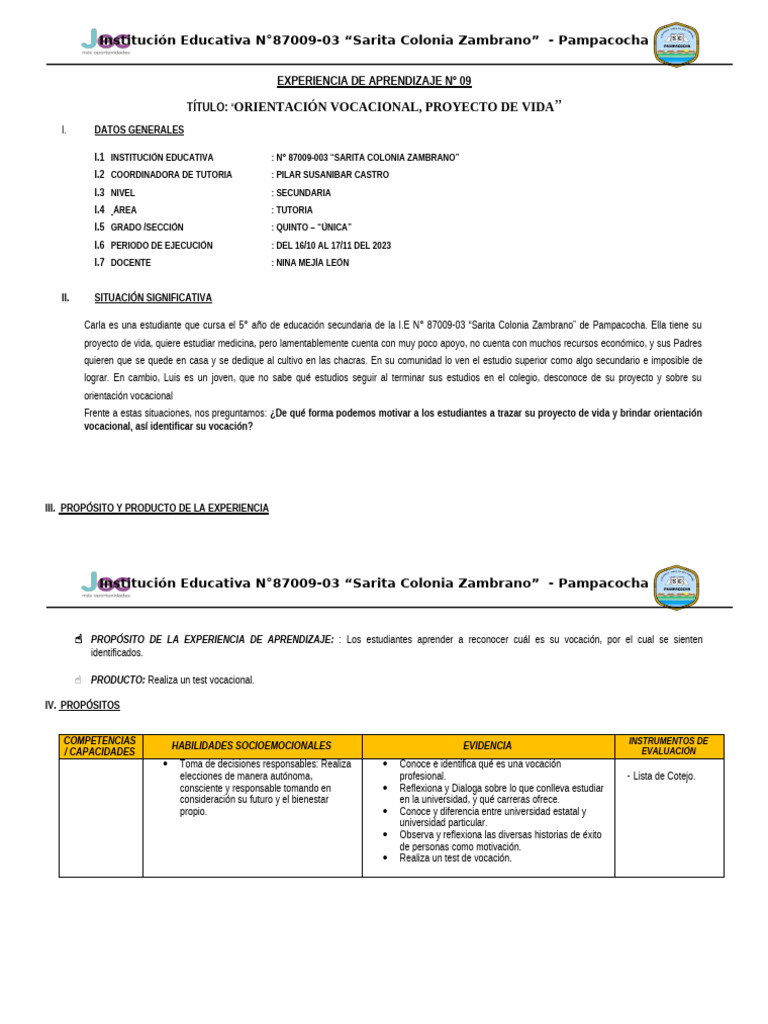 9°° EXP APRENDIZAJE - 5° - 2023 Proyecto de Vida | PDF | Enseñando