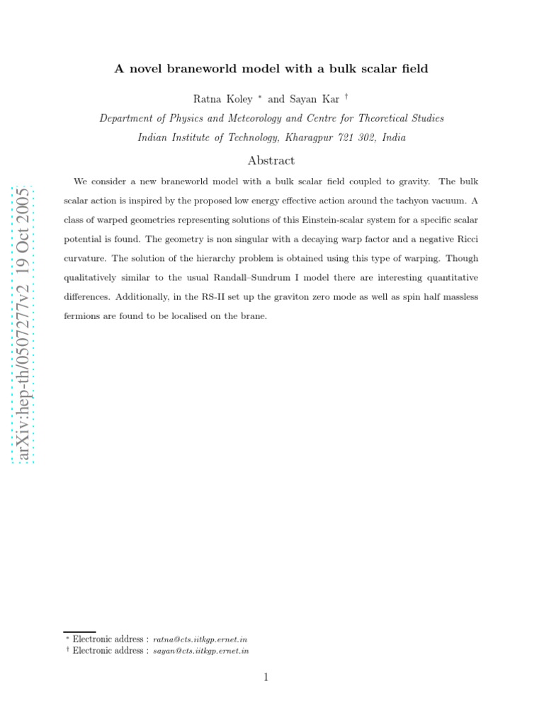 Ratna Koley and Sayan Kar - A Novel Braneworld Model With A Bulk Scalar Field | PDF | Scientific ...