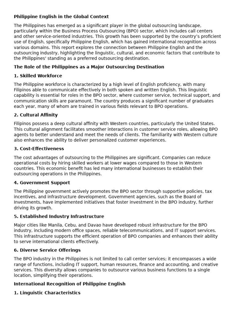 Benefits of Philippine English in BPO | PDF | Outsourcing | Philippines
