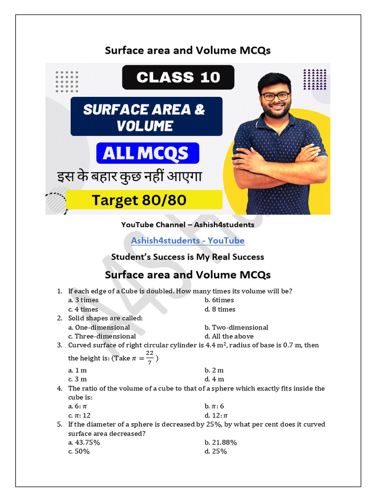 13.surface Area and Volume MCQs | PDF | Sphere | Volume