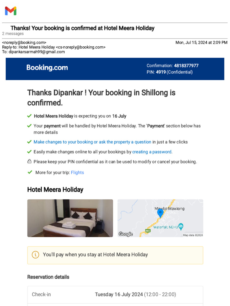 Gmail - ? Thanks! Your Booking Is Confirmed at Hotel Meera Holiday ...