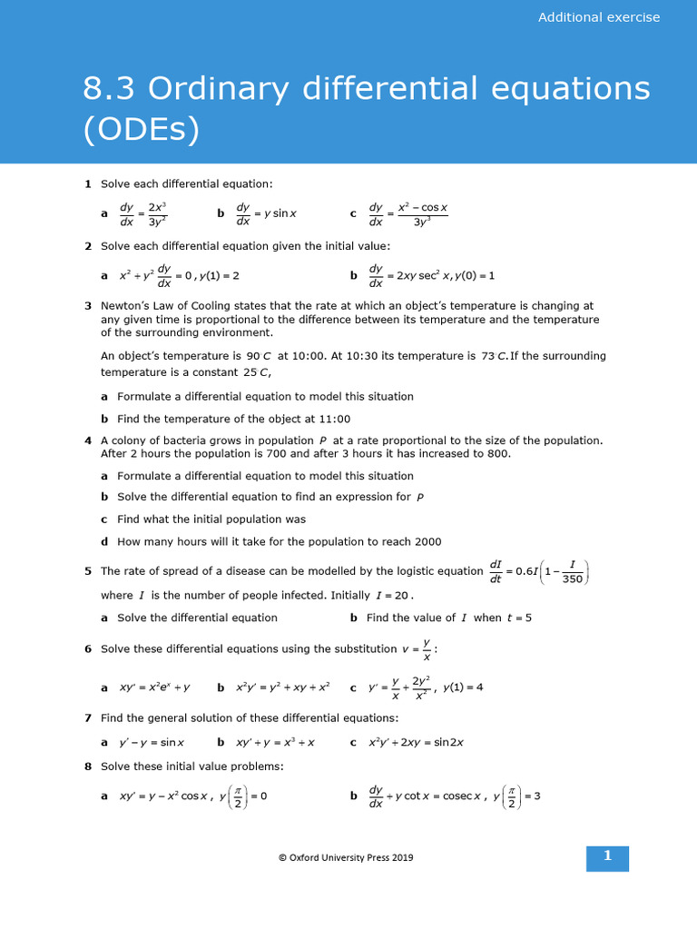 ODE revision WS | PDF | Differential Equations | Equations