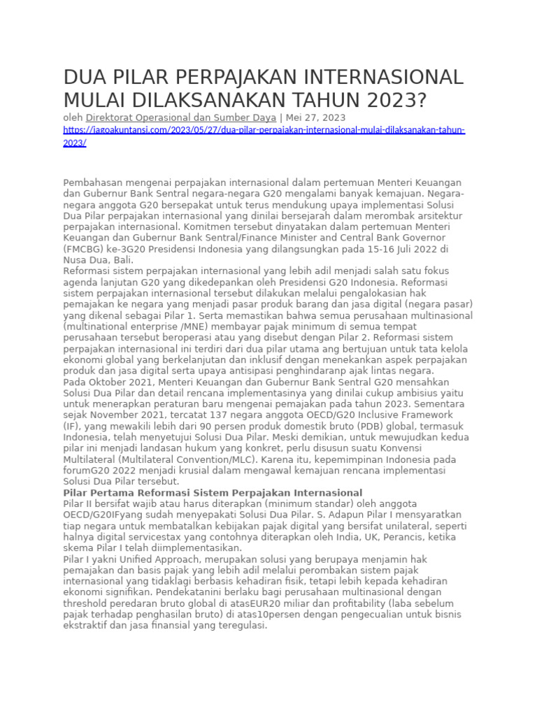 Dua Pilar Perpajakan Internasional Mulai Dilaksanakan Tahun 2023 | PDF | Pengelolaan Keuangan & Uang
