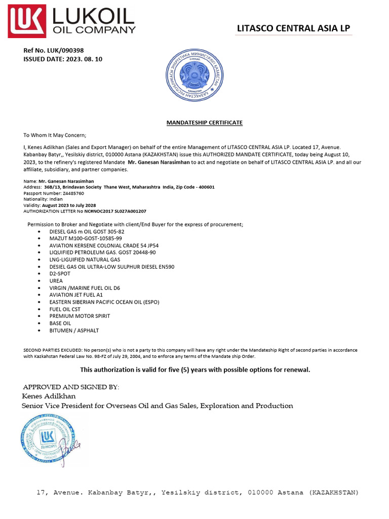 Litasco Mandate Certificate | PDF