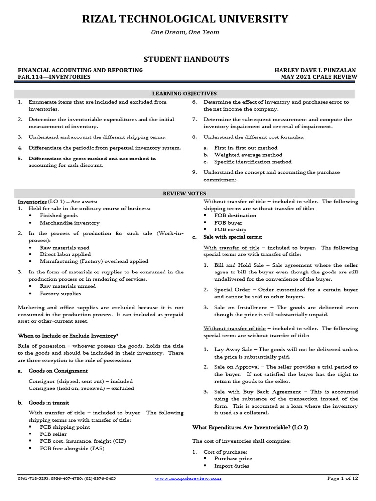 INTACC 2 Notes Handouts | PDF | Cost Of Goods Sold | Inventory