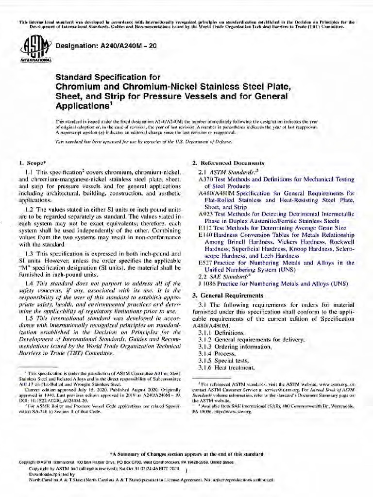 Astm 240-20 | PDF | Stainless Steel | Hardness