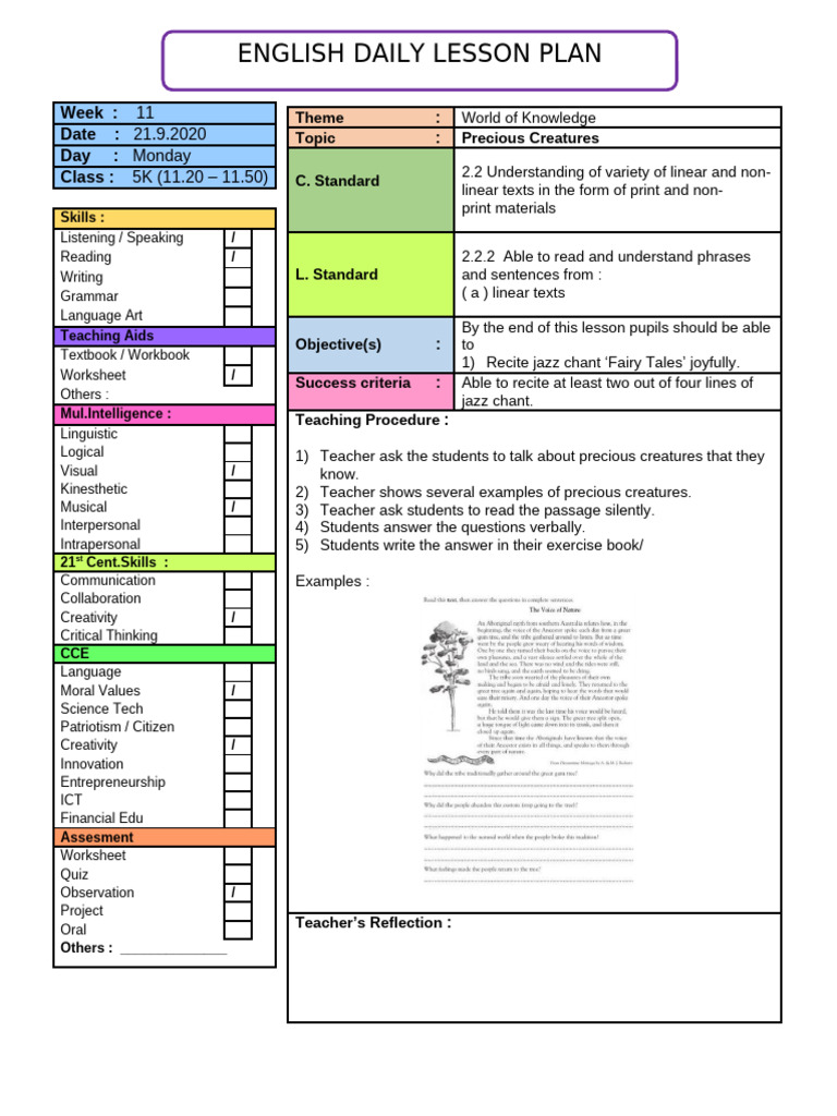ENGLISH DAILY LESSON PLAN 21.9.2020 5k | PDF