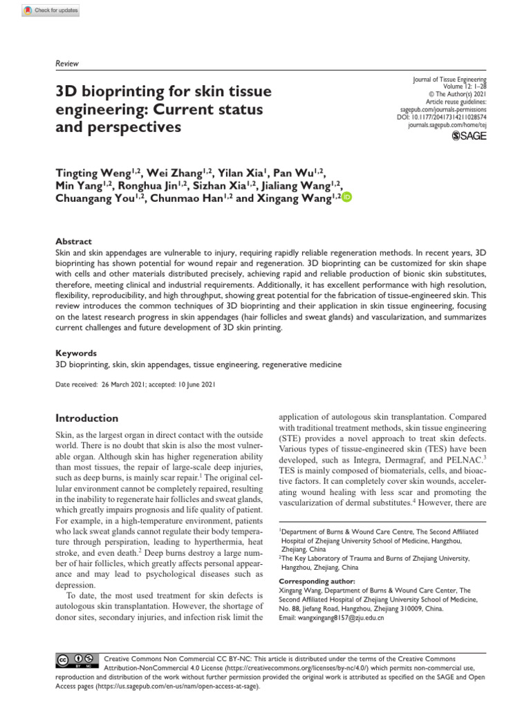 3D Bioprinting in Skin Regeneration | PDF | Tissue Engineering | Skin
