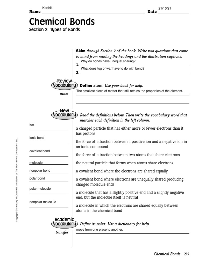 Chemistry Bonding Packet Worksheet 2 Answers Chemical Bonds (Grade 9)