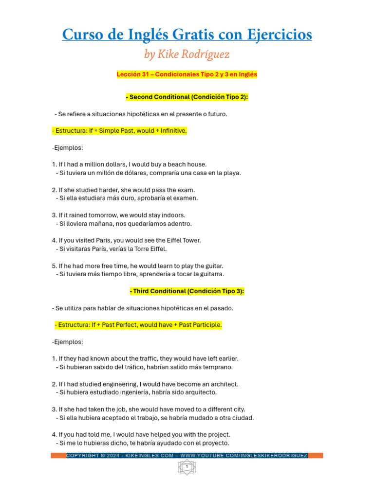 Ejercicios de Condicionales Tipo 2 y 3 | PDF