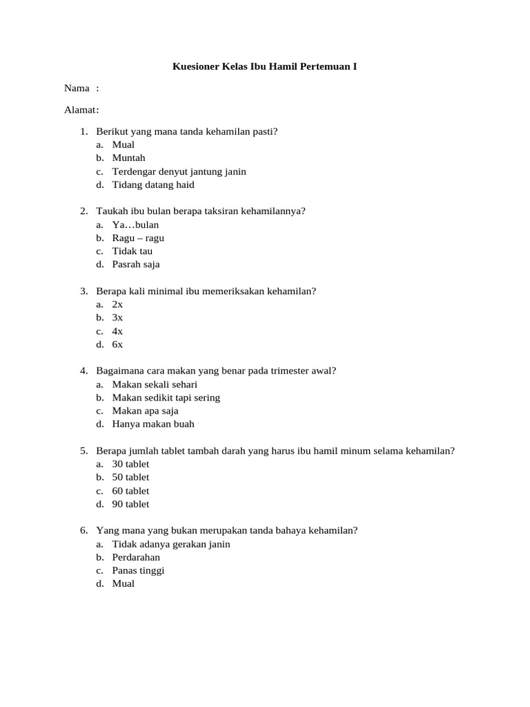 Kuesioner Kelas Ibu Hamil Pertemuan I | PDF