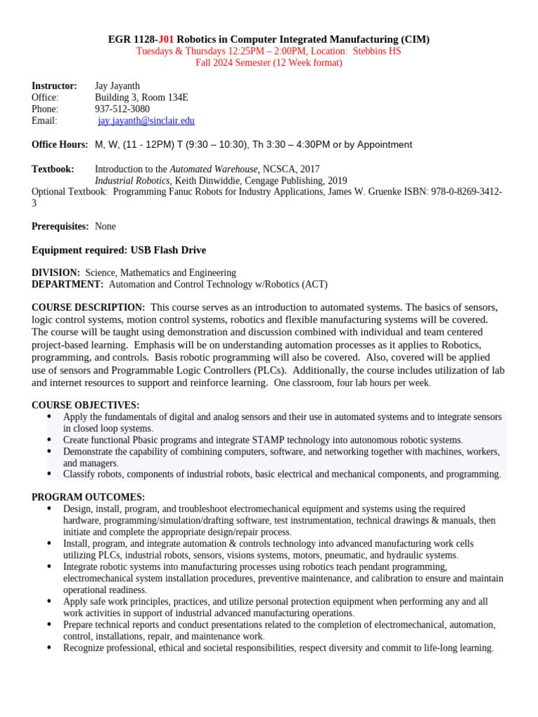 EGR 1128 - J01 - Fall 2024 Syllabus Tues - Thur 22 Sep 24 | PDF | Automation | Robotics