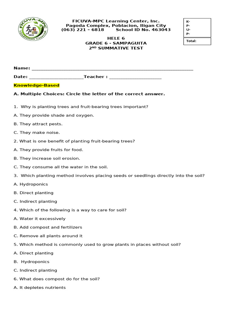 Hele 6 - 2ND Summative Test | PDF | Soil | Plants