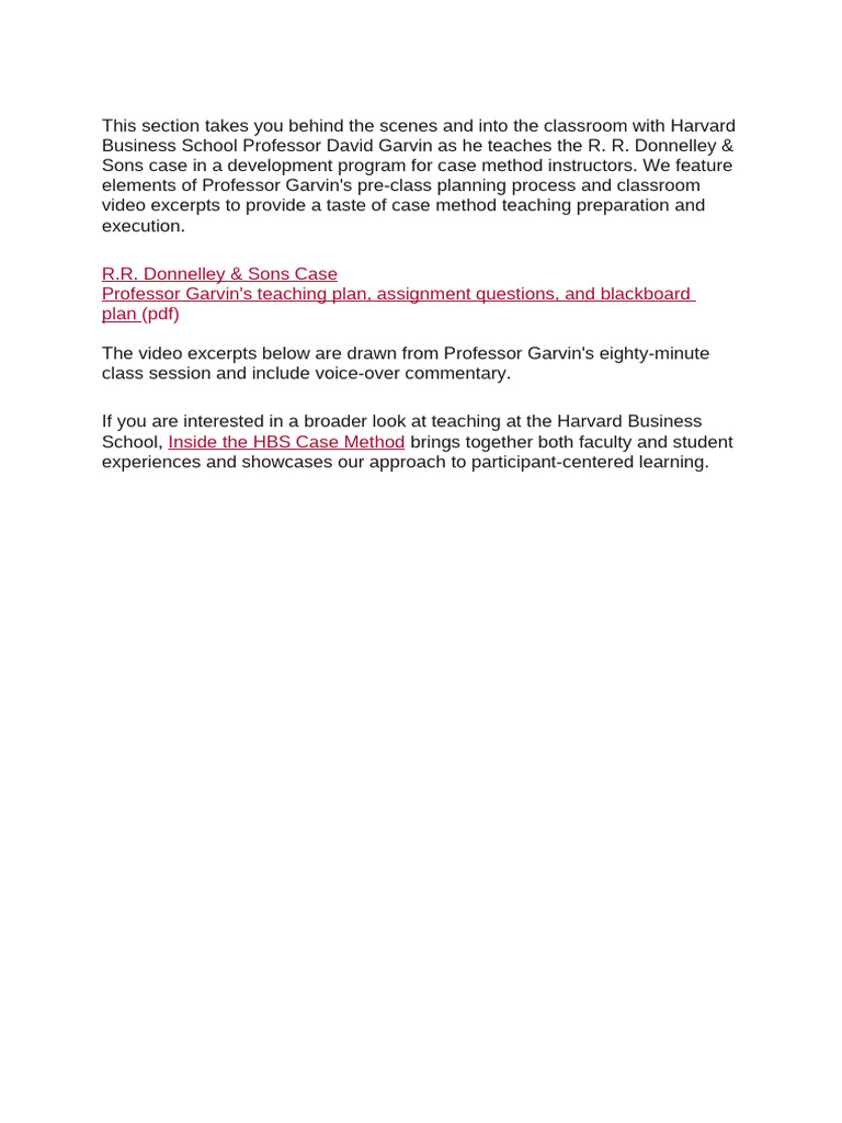 R.R. Donnelley & Sons Case Professor Garvin's Teaching Plan, Assignment Questions, and ...