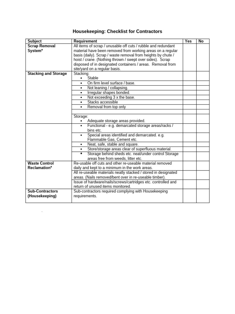 Contractor Housekeeping Checklist | PDF | Home & Garden