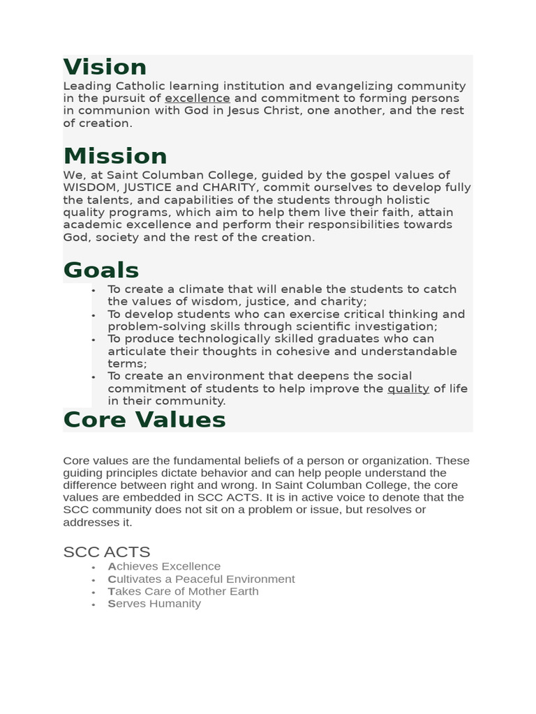 SCC Mission, Vision, and Core Values | PDF
