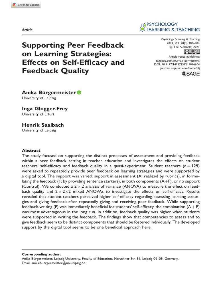 Supporting Peer Feedback On Learning Strategies: Effects On Self ...