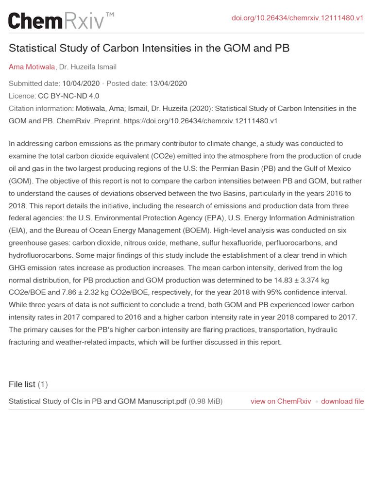 Statistical Study of Carbon Intensities in the GOM and PB v1 | PDF | Greenhouse Gas | Natural Gas