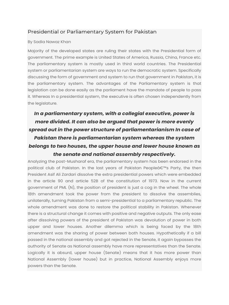 Presidential or Parliamentary System For Pakistan | PDF | Parliamentary ...