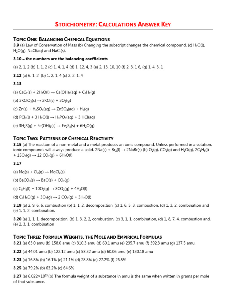 STOICHIOMETRY U3 Answer Key | PDF | Mole (Unit) | Stoichiometry