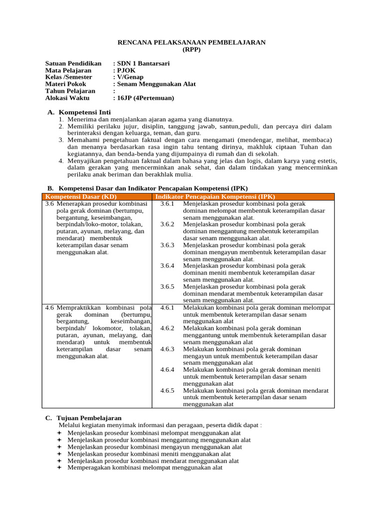 RPP. KD 3.6 Senam Menggunakan Alat | PDF