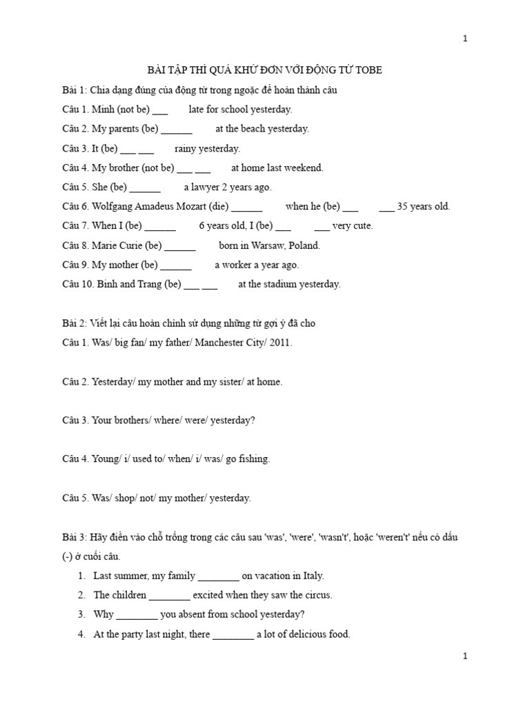 4 Bản - 1 Tờ - Bài Tập Thì Quá Khứ Đơn Với Động Từ Tobe | PDF