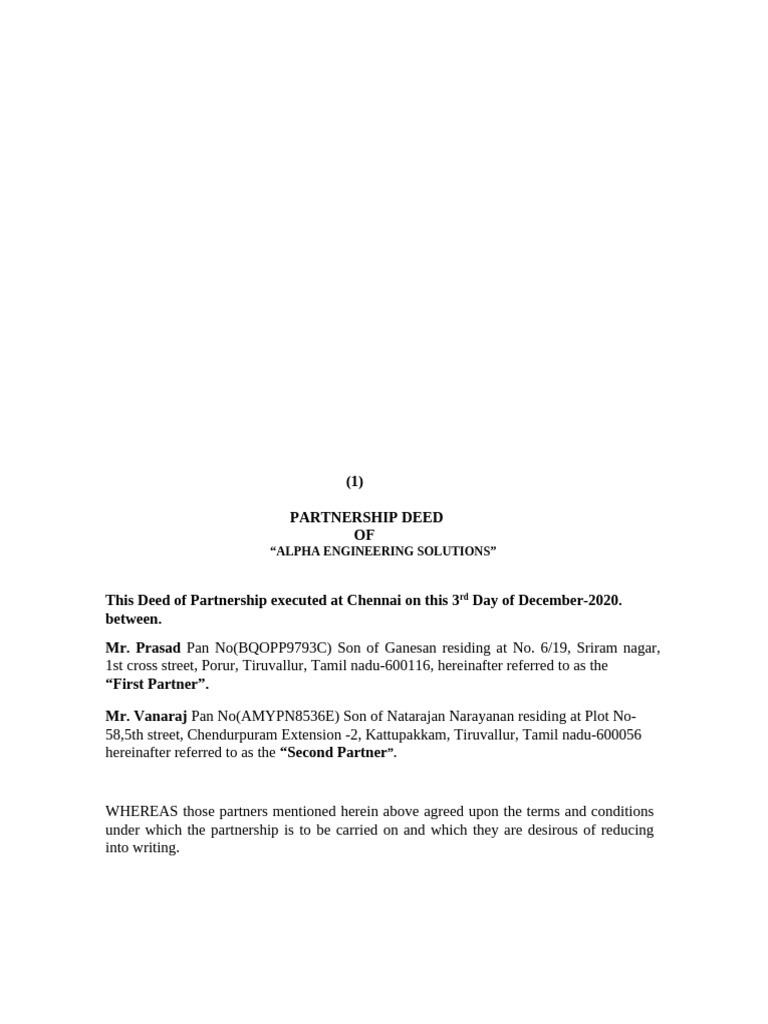 Partnership Deed Format | PDF | Partnership | Business