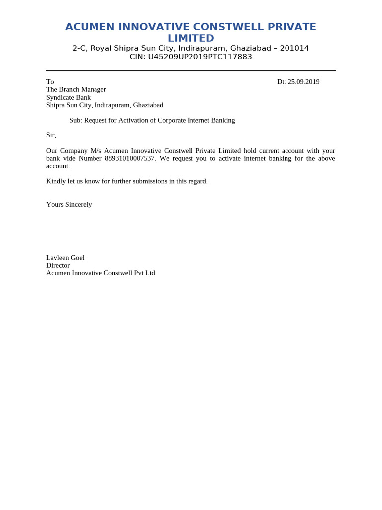 Request Letter Netbanking | PDF