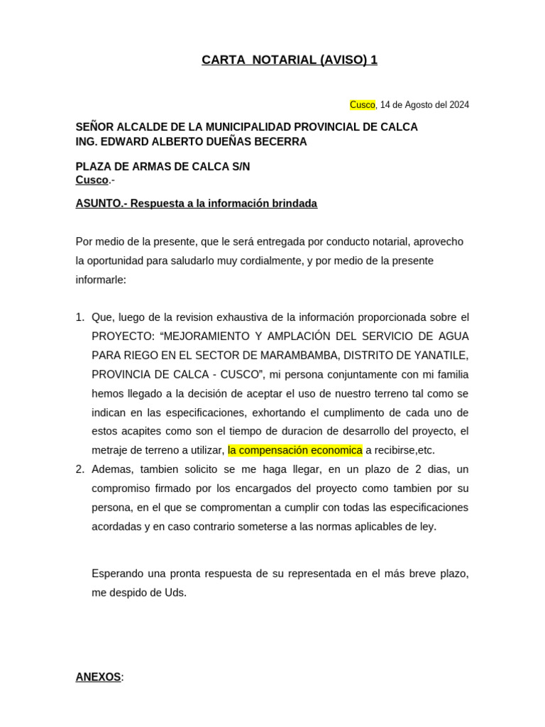 Modelo de carta notarial de aviso | PDF | Gobierno