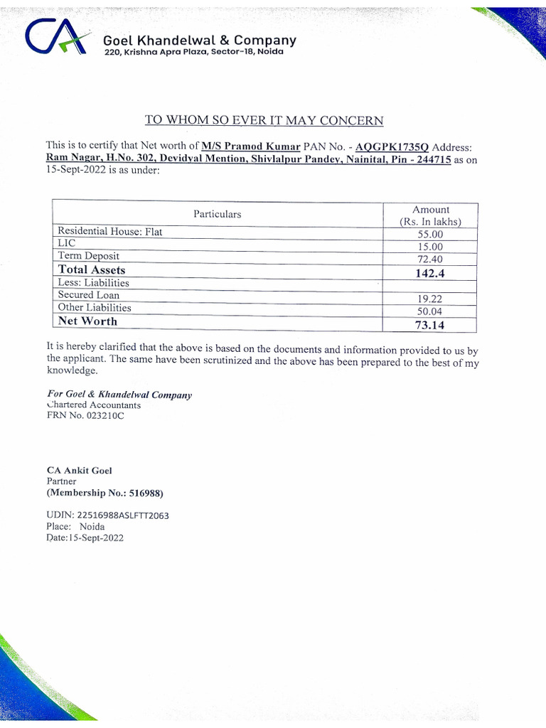 CA Certified Net Worth | PDF