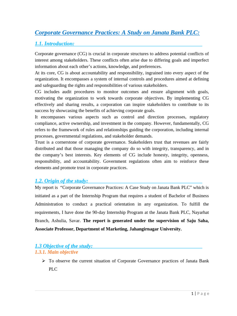 Corporate Governance of Janata Bank Limited | PDF | Corporate ...