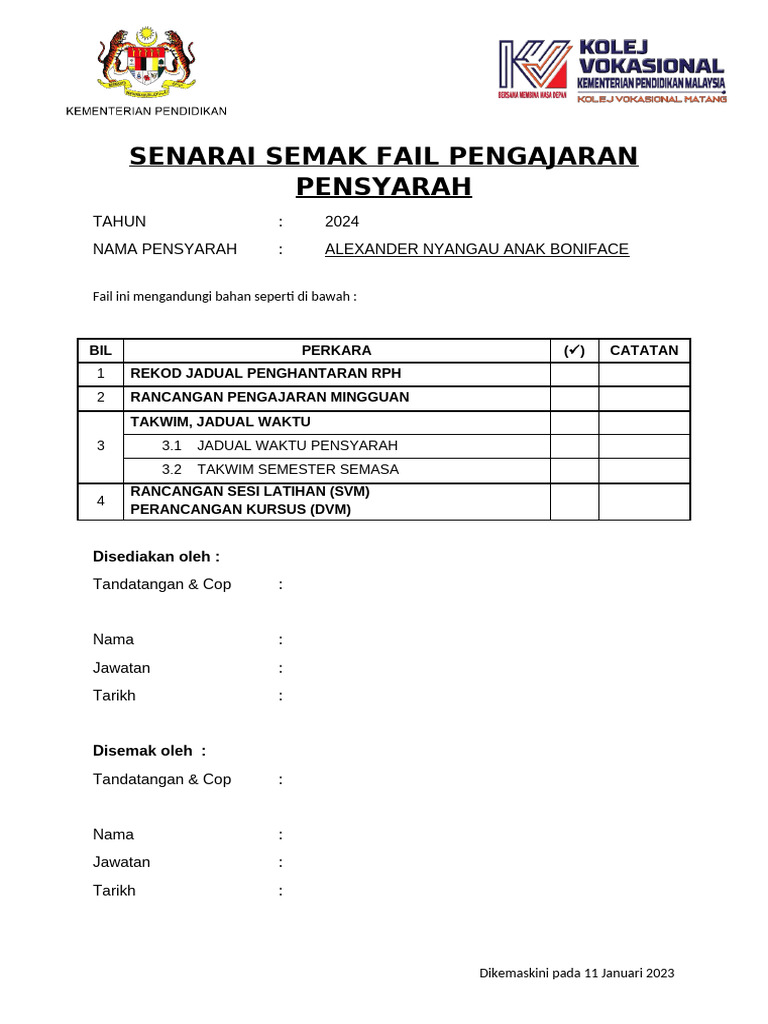 Senarai Semak Fail Pengajaran Pensyarah | PDF
