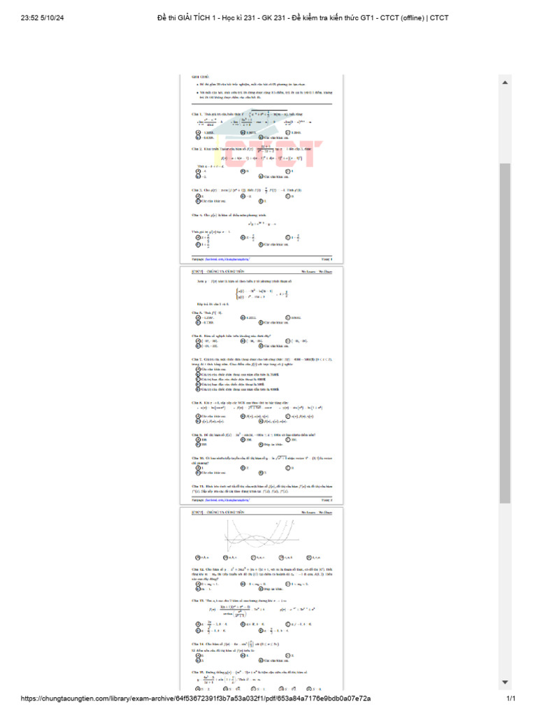 Đề Thi GIẢI TÍCH 1 - Học Kì 231 - GK 231 - Đề Kiểm Tra Kiến Thức GT1 - CTCT (Offline) - CTCT | PDF