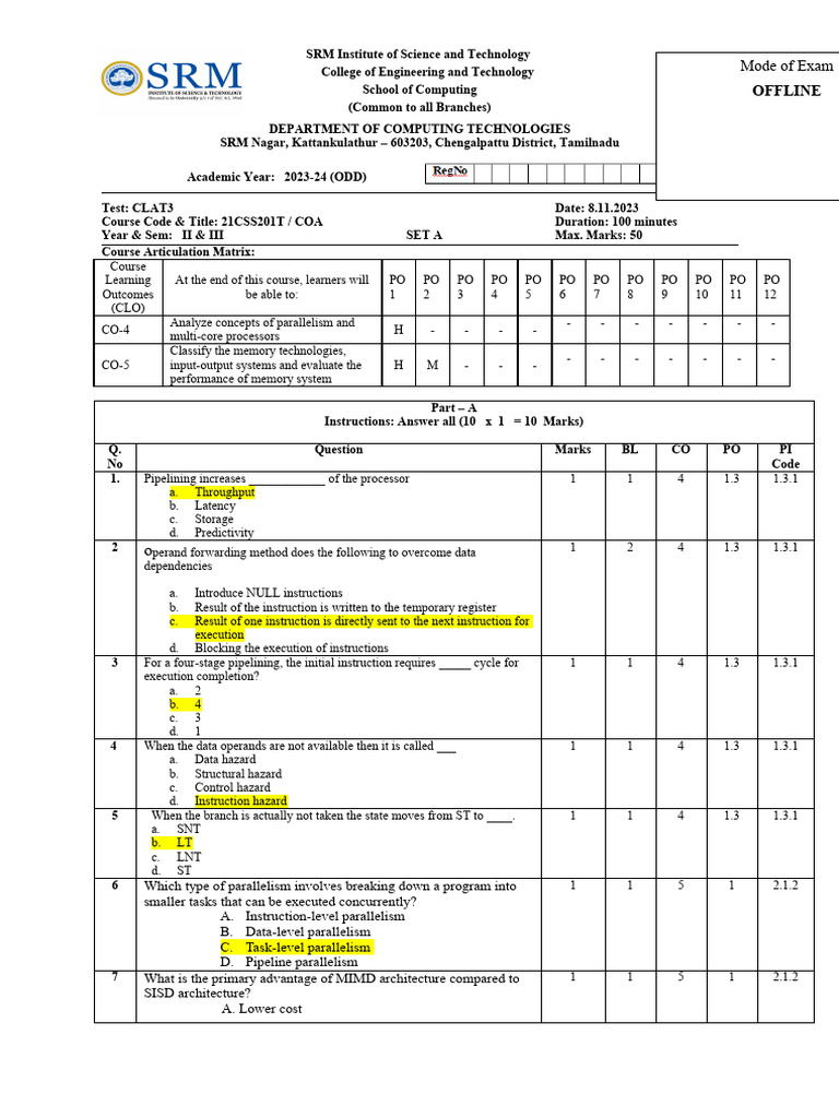 Coa Ct3 Set A Answer Key | PDF | Multi Core Processor | Central Processing Unit