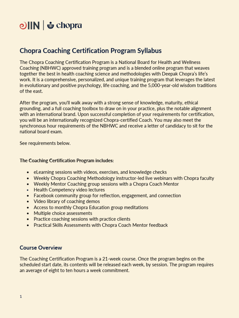 Chopra Coaching Certification Program Syllabus - v2 | PDF | Experience | Intention