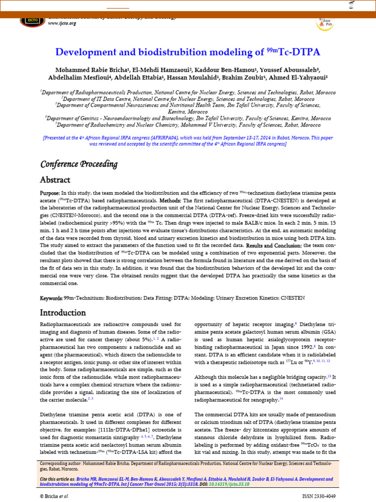 Development and Biodistrubition Modeling of Tc-Dtpa: Conference ...