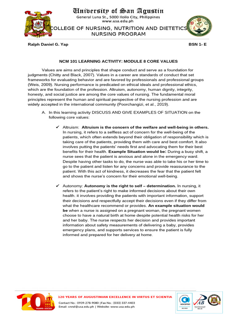 NCM 101 Learning Activity Module 8 | PDF | Nursing | Autonomy