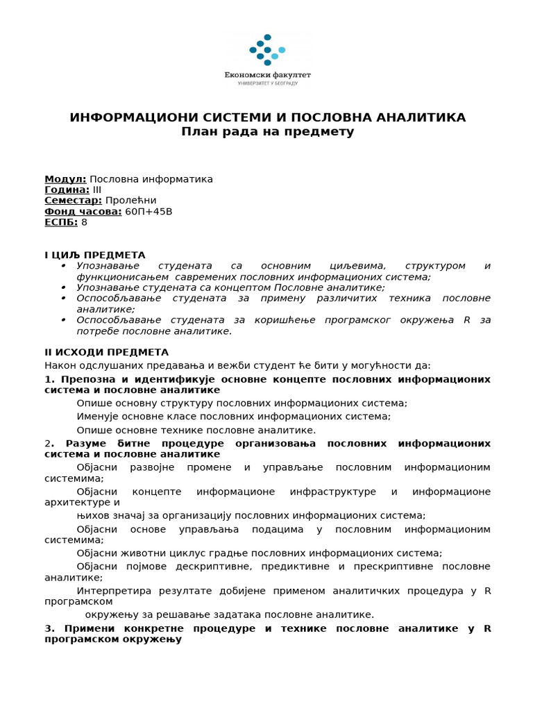 Informacioni-Sistemi-I-Poslovna-Analitika Plan Rada Na Predmetu | PDF