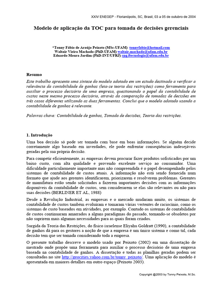 Artigo e Estudo de Caso ToC Na Indústria | PDF | Despesa | Mercado (economia)