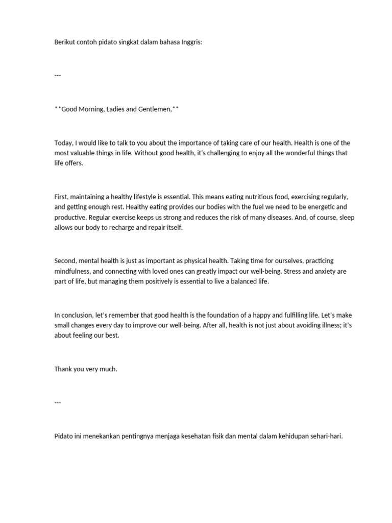 Berikut Contoh Pidato Singkat Dalam Bahasa Inggris | PDF | Self-Improvement | Lifestyle