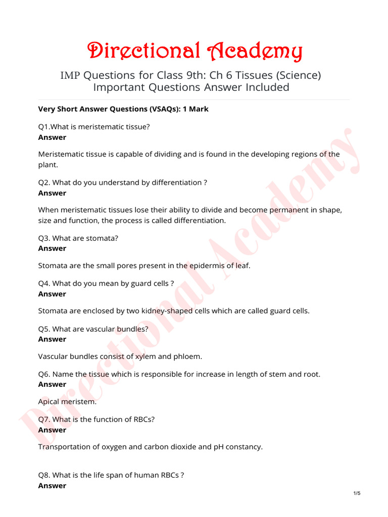 2021 CH 6 Tissues Science IMP Questions | PDF | Tissue (Biology) | Epithelium