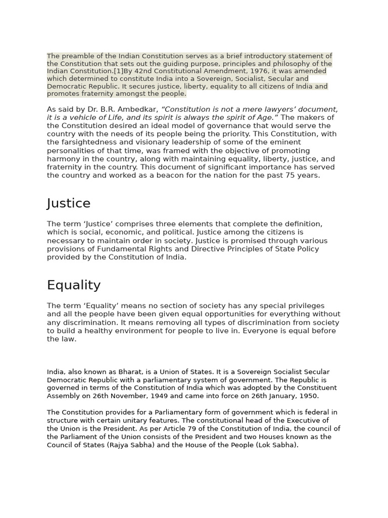 The Preamble of The Indian Constitution Serves As A Brief Introductory ...