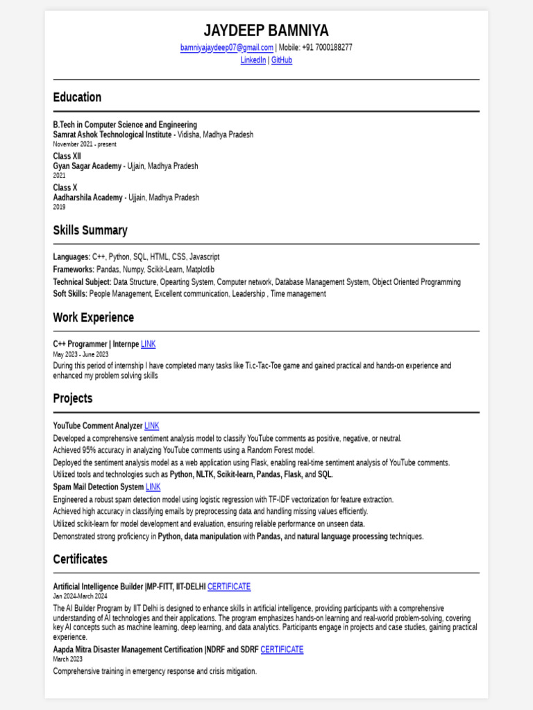 Jaydeep Bamniya(Resume) | PDF | Artificial Intelligence | Intelligence (AI) & Semantics