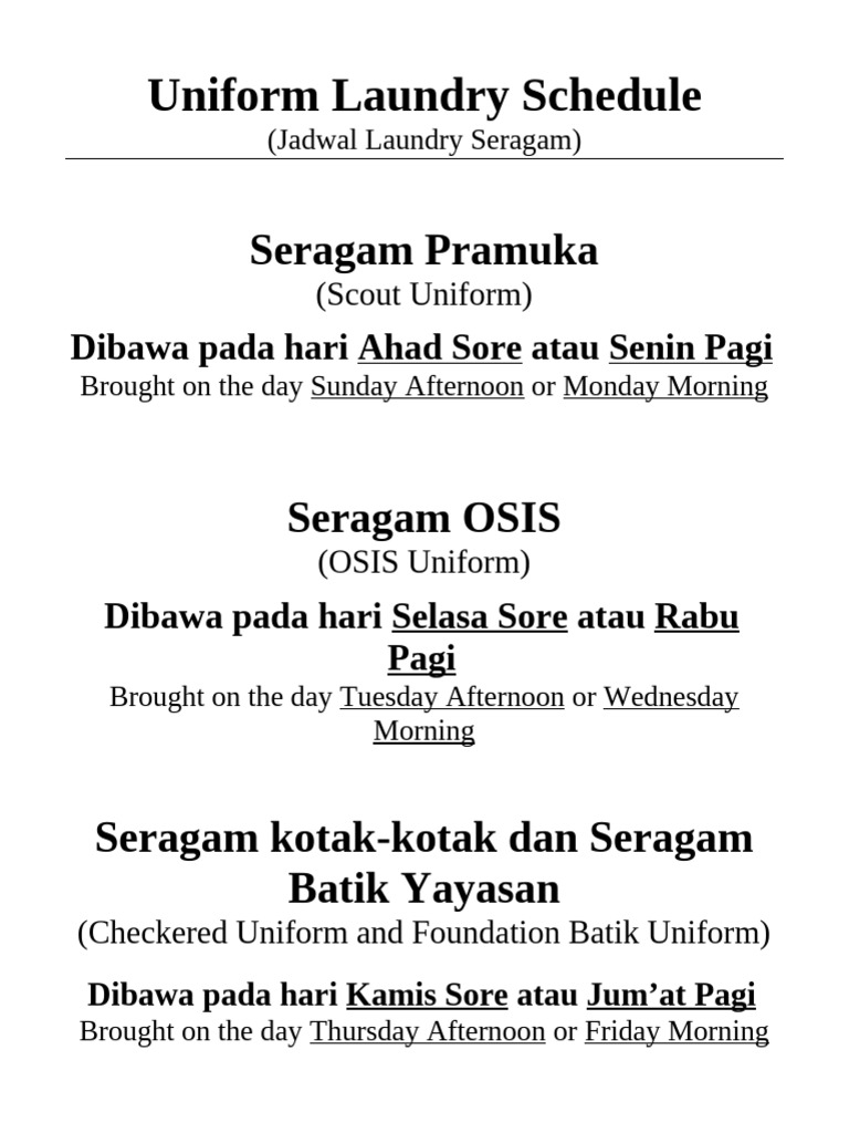 Uniform Laundry Schedule | PDF