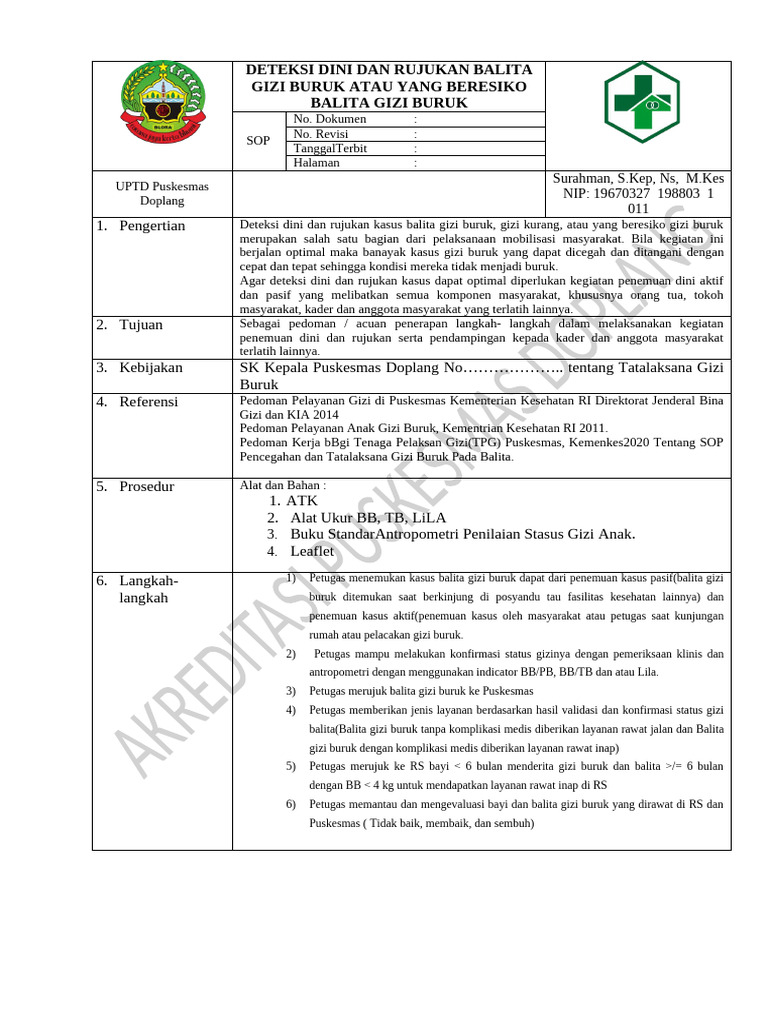 SPO DETEKSI DINI DAN RUJUKAN BALITA GIZI BURUK ATAU YANG BERESIKO BALITA GIZI BURUK PUSKESMAS ...