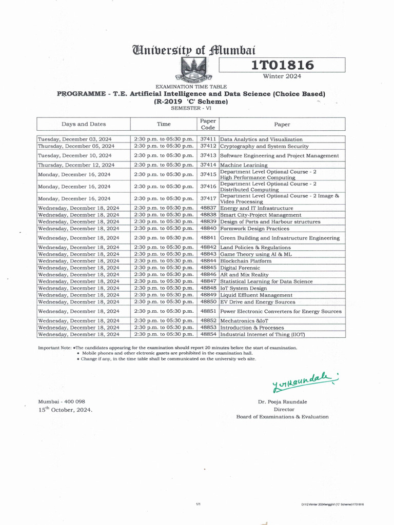 Timetable Te Sem Vi C-Scheme Dec 2024 | PDF