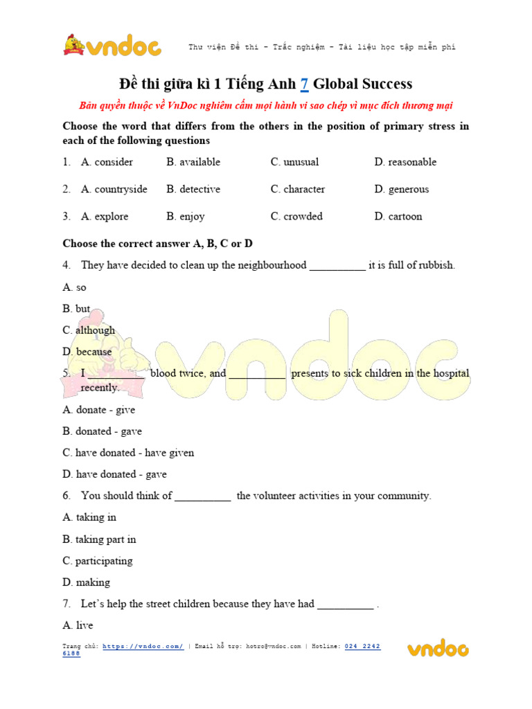 Tiếng Anh 7: Đề Thi Giữa Kì 1 | PDF | Foreign Language Studies